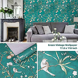 HOYOYO Peach Tree Peel and Stick Shelf Liner Paper, Green Background White Flowers Bird Self-Adhesive Liner Drawer Cabinets Door Surface Living Room Wall Art Decor 17.8 x 118 inch