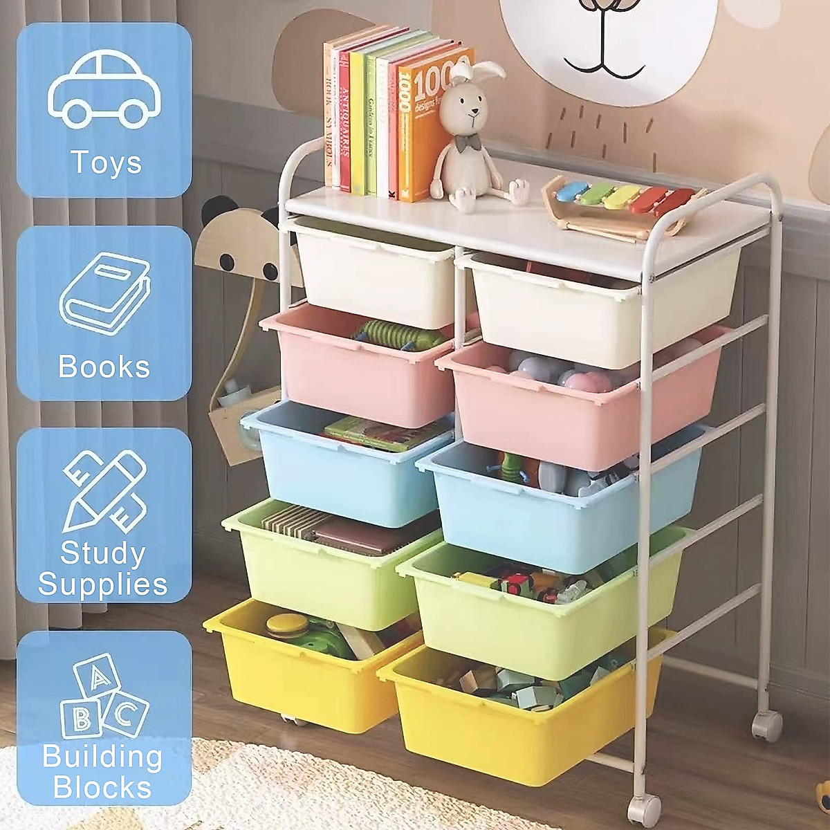 Ytaoka 10 Drawers Rolling Storage Cart, Plastic Drawer Cart with Metal Frame, Multipurpose Art Craft Cart Organizer with Wheels, Utility Cart with Drawers for Home, Office, School, Multicolor