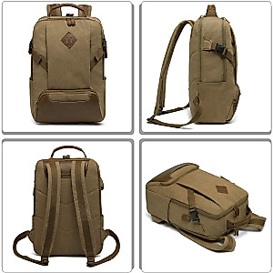 Kasqo Laptop Backpack 15.6 Inch Canvas Waterproof Anti Theft Business Travel College Computer Bag Carry on Bag with USB Charging Port for Women Men, Khaki