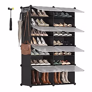 SONGMICS Shoe Rack, 8 Cubes Shoe Organizer with Doors, 32 Pair Plastic Shoe Storage Cabinet, for Bedroom, Entryway, Steel Frame, Plastic Panel, Black ULPC034B01