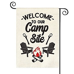 AVOIN colorlife Welcome To Our Camp Site Garden Flag Vertical Double Sided, Cottage Log Fire Chair Flag Yard Outdoor Decoration 12.5 x 18 Inch