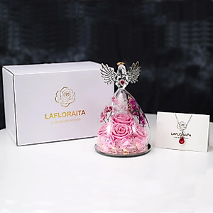 Lafloraita Mothers Day Preserved Rose Gifts for Women Mom Grandma Wife,Glass Angel Figurines with LED Light,Four Real Rose Flowers Sweet Pink