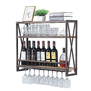 OLDRAINBOW Industrial Wine Racks Wall Mounted with 8 Stem Glass Holder,Rustic Metal Hanging Wine Holder,3-Tiers Wall Mount Bottle Holder Glass Rack,Wood Shelves Wall Shelf (Bronze, 31.5in)