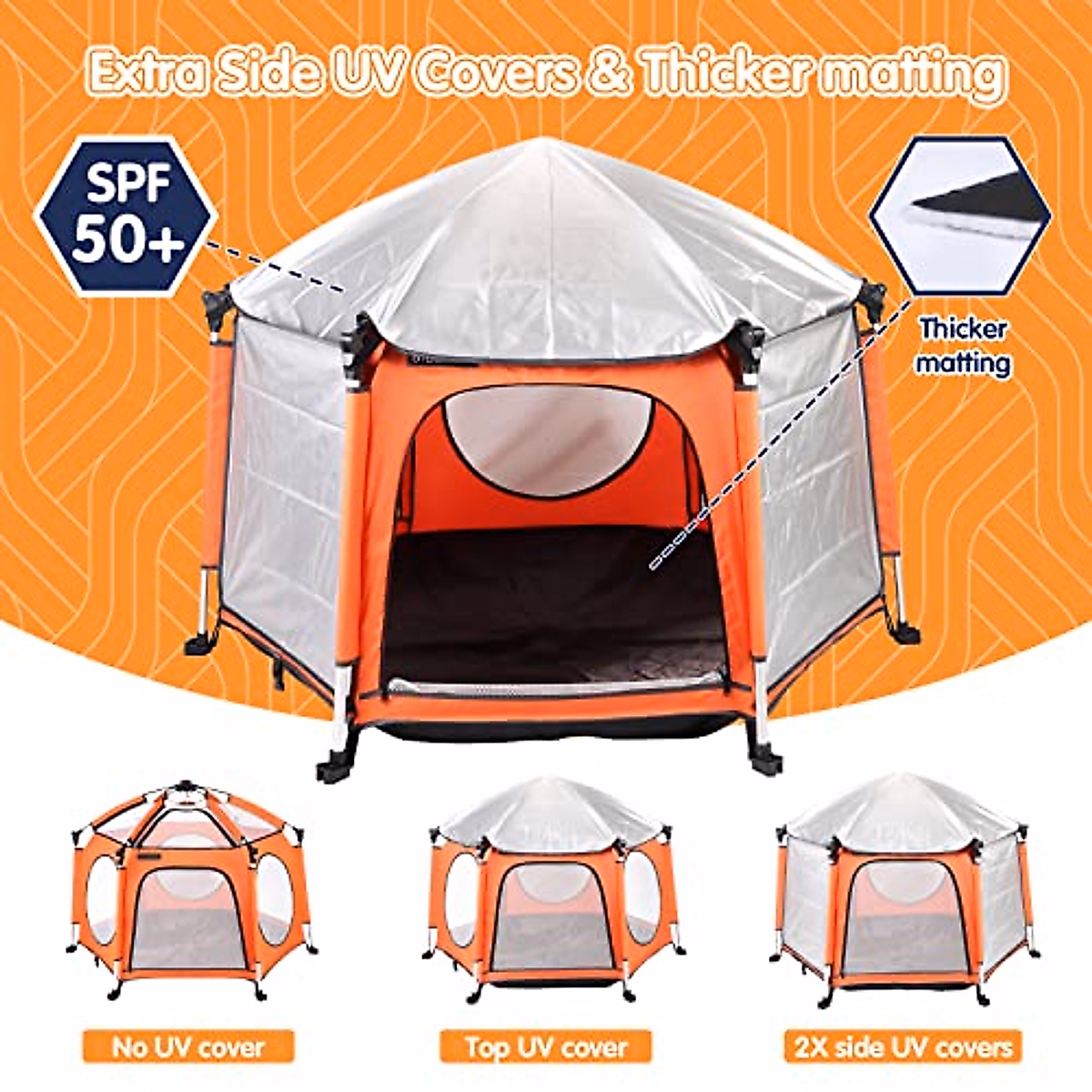 Baby Playpen, BIUSIKAN Premium Portable Baby Beach Tent, Lightweight Pop Up Pack and Play Baby Play Yard with Canopy and Travel Bag, Toddler Playpen for Indoor/Outdoor use - Orange