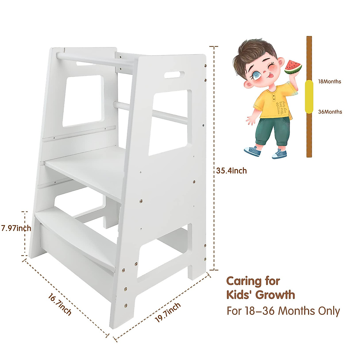 ECOMEX Toddler Standing Tower for Kitchen, Step Stool for Kid's Adjustable Height Learning Stool, Removable Anti-Drop Safety Rail Stool for Bedroom, Bathroom, White