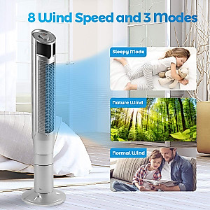 R.W.FLAME Tower Fan, 360° Oscillating Standing Fan Room Fan Portable Bladeless Quiet Floor Fan with Remote, 8 Speeds, 3 Modes, 24H Timer for Bedroom and Home Office Use (47-inch, SILVER)
