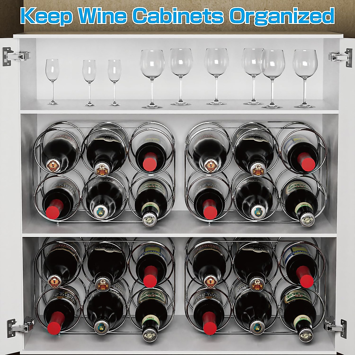 Buruis 6 Bottle Countertop Wine Rack - Freestanding Modern Metal Small Wine Rack - Tabletop Wine Holder Stand for Cabinet, Pantry, and Kitchen Decor - No Assembly Required - Silver