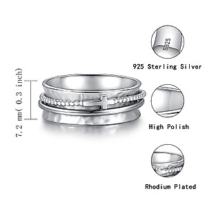 Cross Fidget Ring for Women - 925 Sterling Silver Spinner Rings Spinning Rings Band Wide Hammered (Silver, 9)