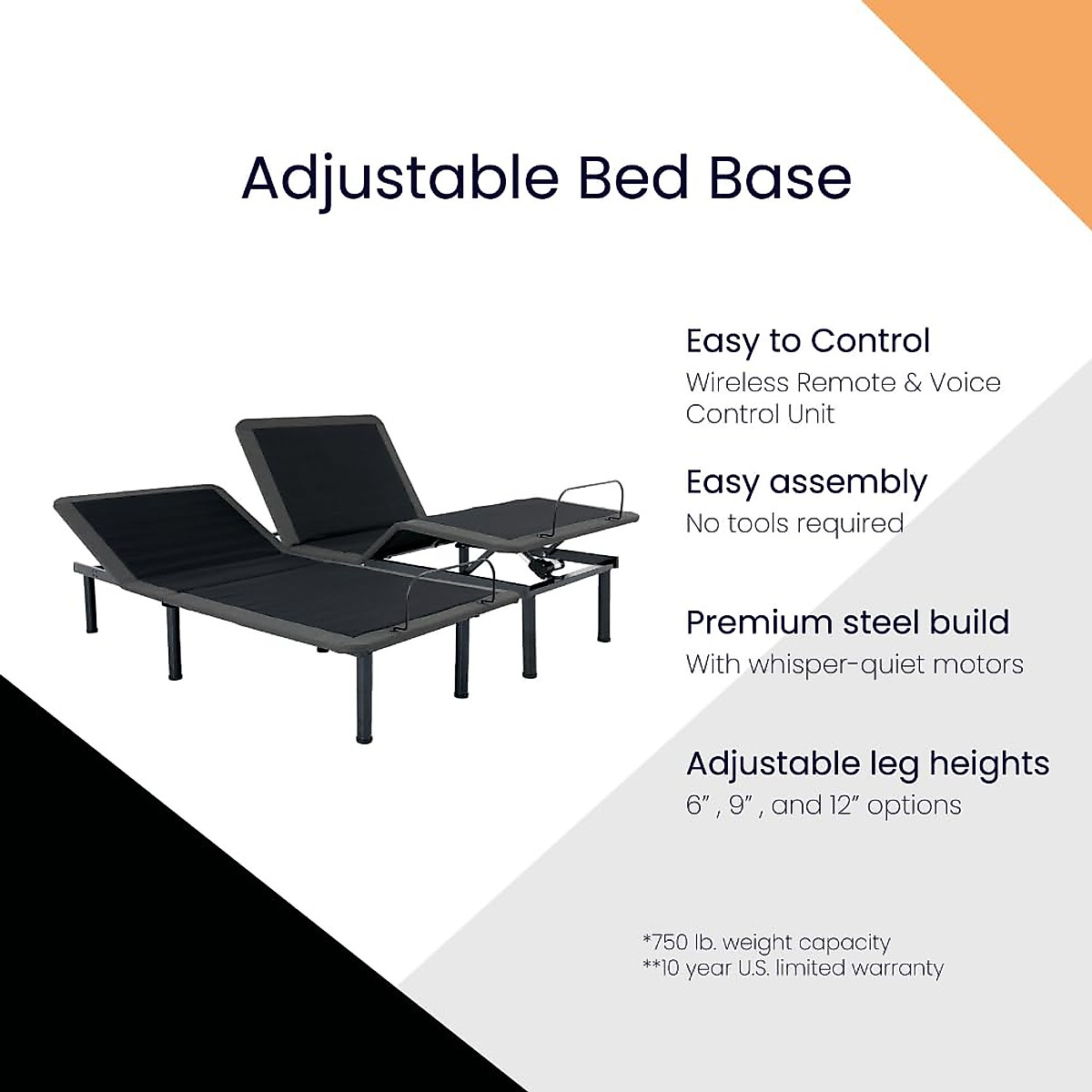Bridgevine Home Split Flex Head Adjustable Bed Base Frame, Individual Head Incline on Either Side, Wireless Remote and Voice-Activated Controls, Queen Size