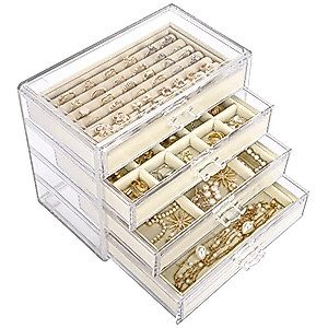 Mebbay Acrylic Jewelry Organizer, Clear Jewelry Box with 4 Drawers, Velvet Rings Earring Necklace Bracelet Display and Storage Case for Women, Beige