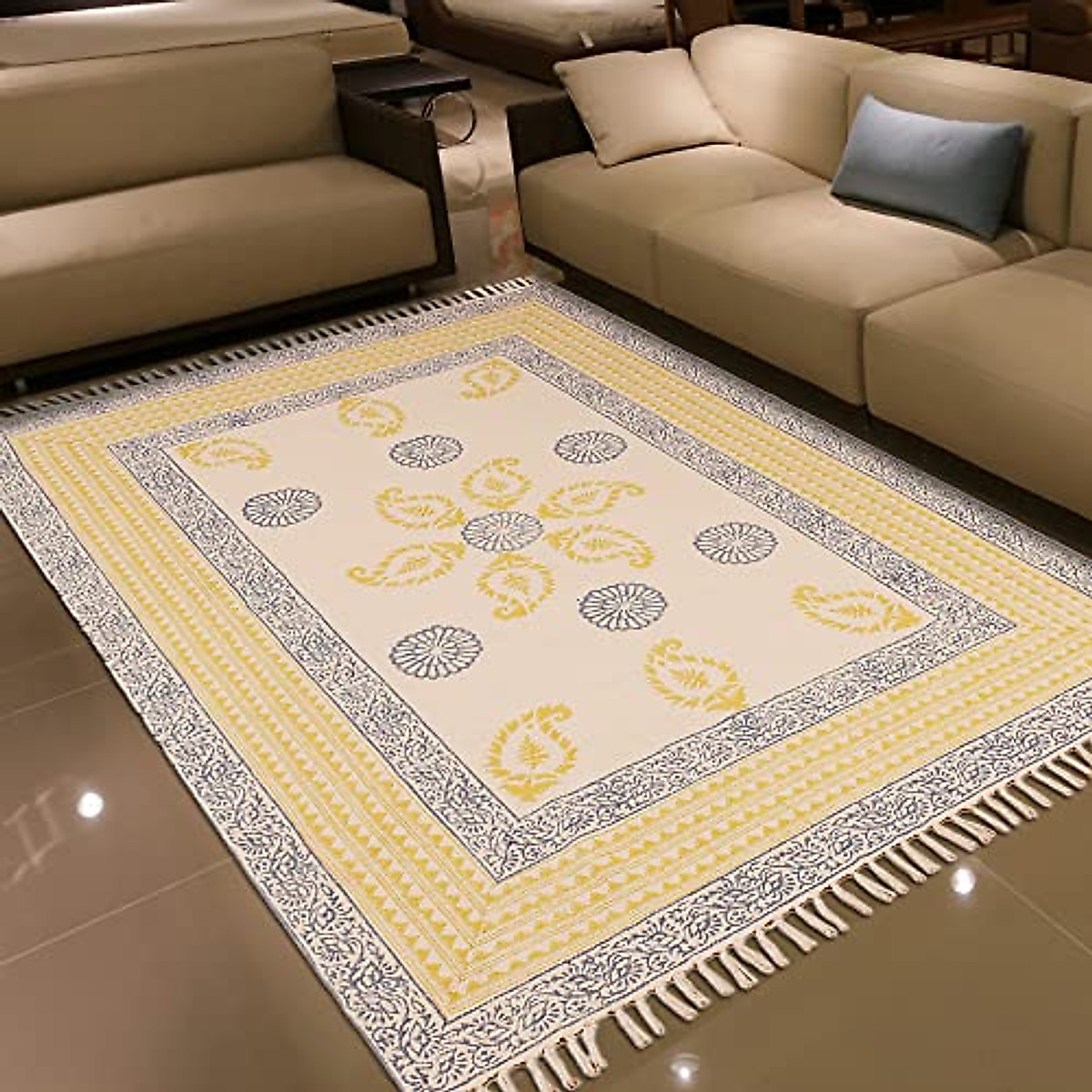 Casavani Upgraded Boho Bathroom Rug 100% Woven Geometric Rug for Bedroom Blue and Yellow Rug Bohemian Bath Mat, Kitchen Rug Washable Cotton Throw Rug Tassel Rug for Living Room 4x15 Feet Runner