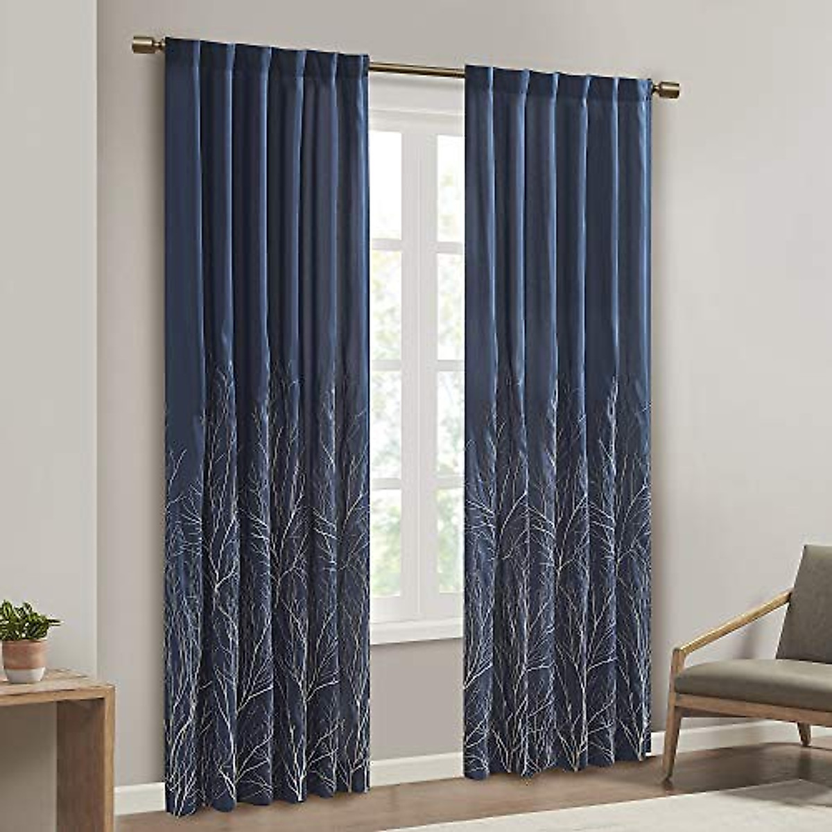 Madison Park Andora Embroidered Back Tab Fabric Single Window Living Room, Transitional Rod Pocket Light Curtain for Bedroom, 1-Panel Pack, 50 x 84, Navy