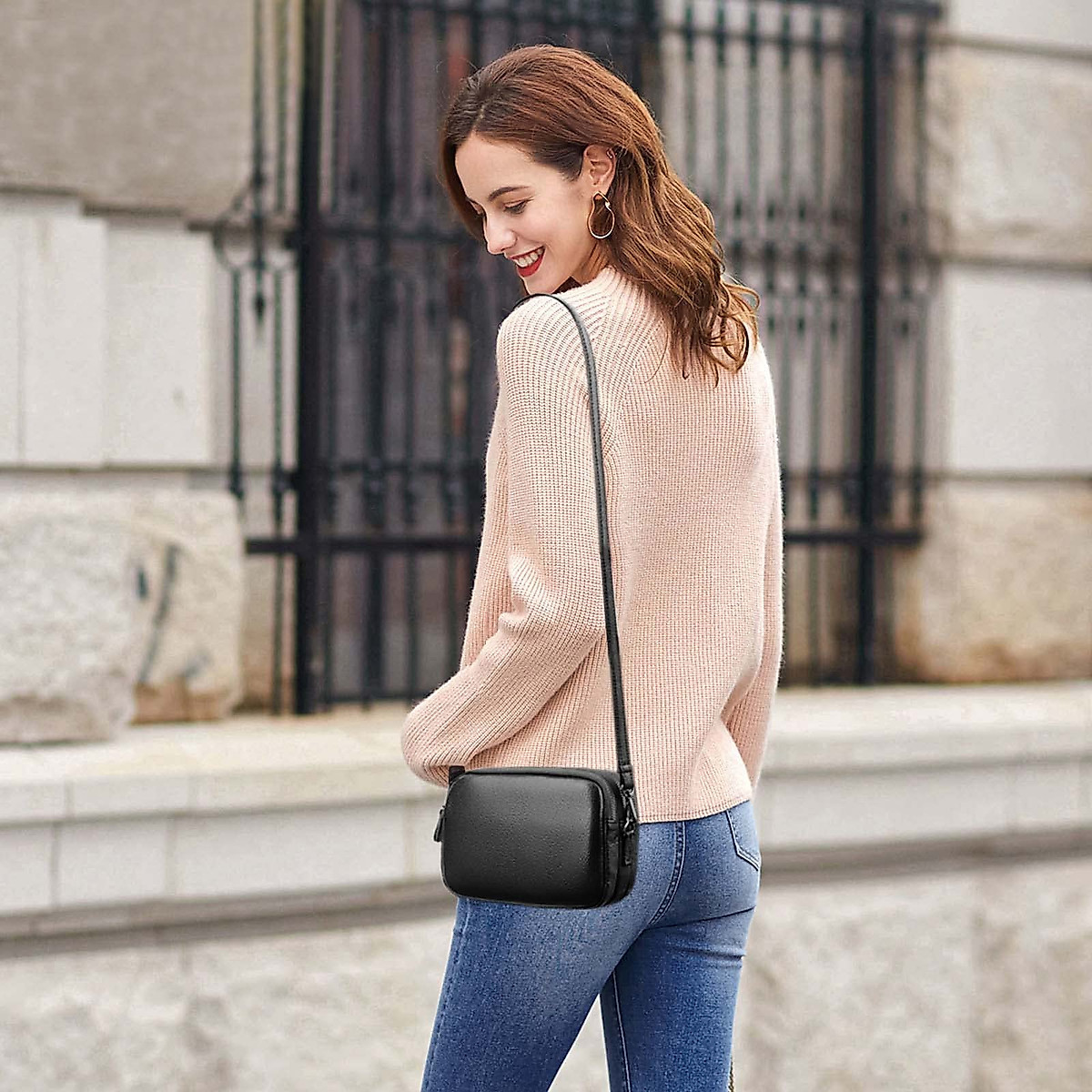 Small Crossbody Bags for Women Genuine Leather Crossbody Purses Trendy Clutch Purse Shoulder Handbag (Black)