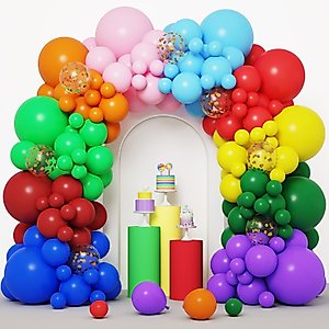 RUBFAC 187pcs Rainbow Balloon Garland Arch Kit, 10 Assorted Multicolor 5/12/18 Inch Latex Balloons and Confetti Balloons for Birthday Party Baby Shower Wedding Anniversary Decoration