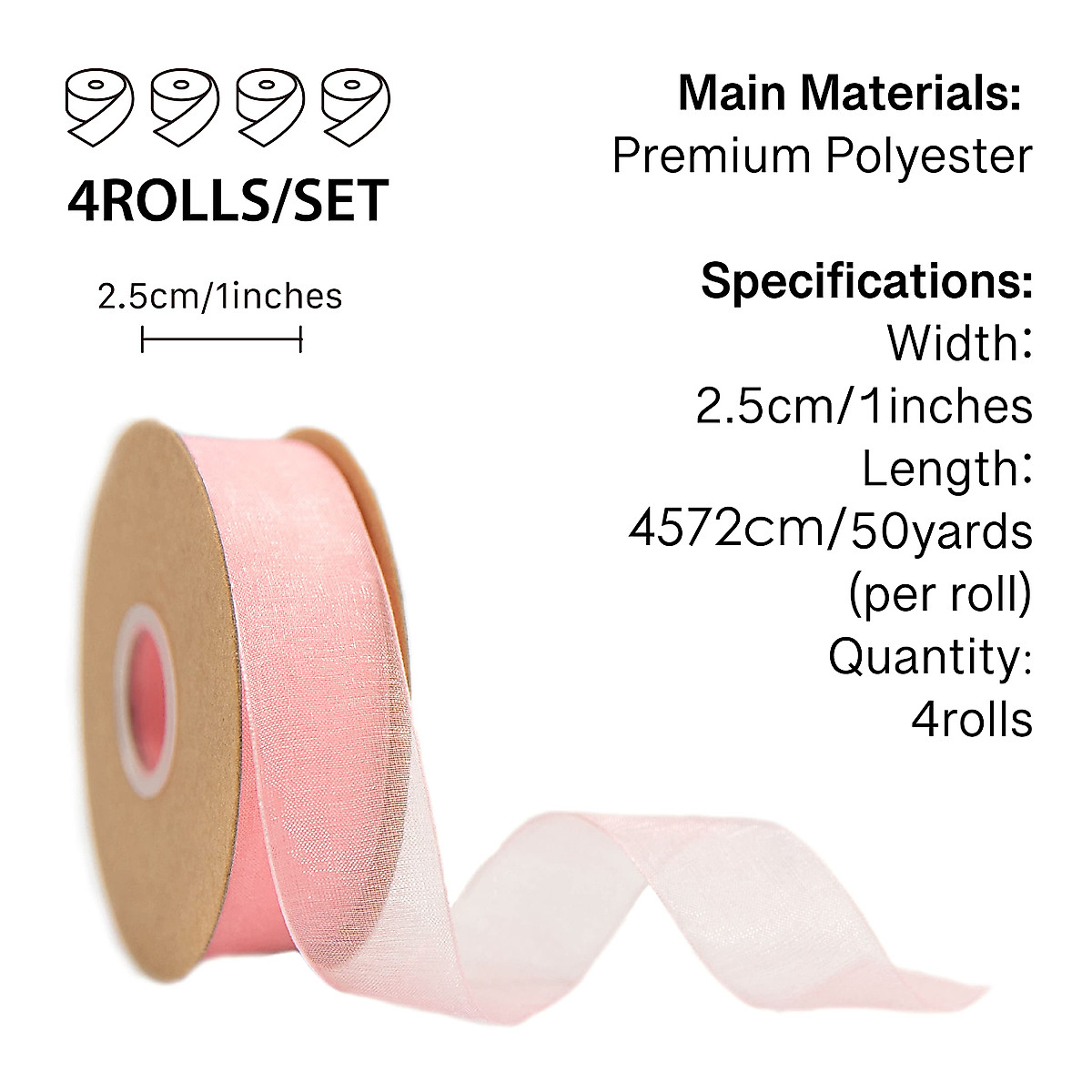 Vitalizart 4 Rolls Blush Pink Organza Ribbon 1" x 50Yd Transparent Sheer Ribbon for Gift Wrapping, Wedding Invitations, Bridal Bouquets, Hair Accessories, Party Decoration, Crafts and Bows