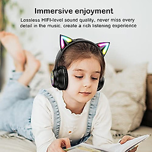 ONITOON Cat Ear Bluetooth Headphones with Micphone for Kids & Adults, LED Light Up Wireless HI-FI Sound Quality, Over-Ear Headphones with Volume Control for iPhone/iPad/Laptop/PC(55H Play Time)