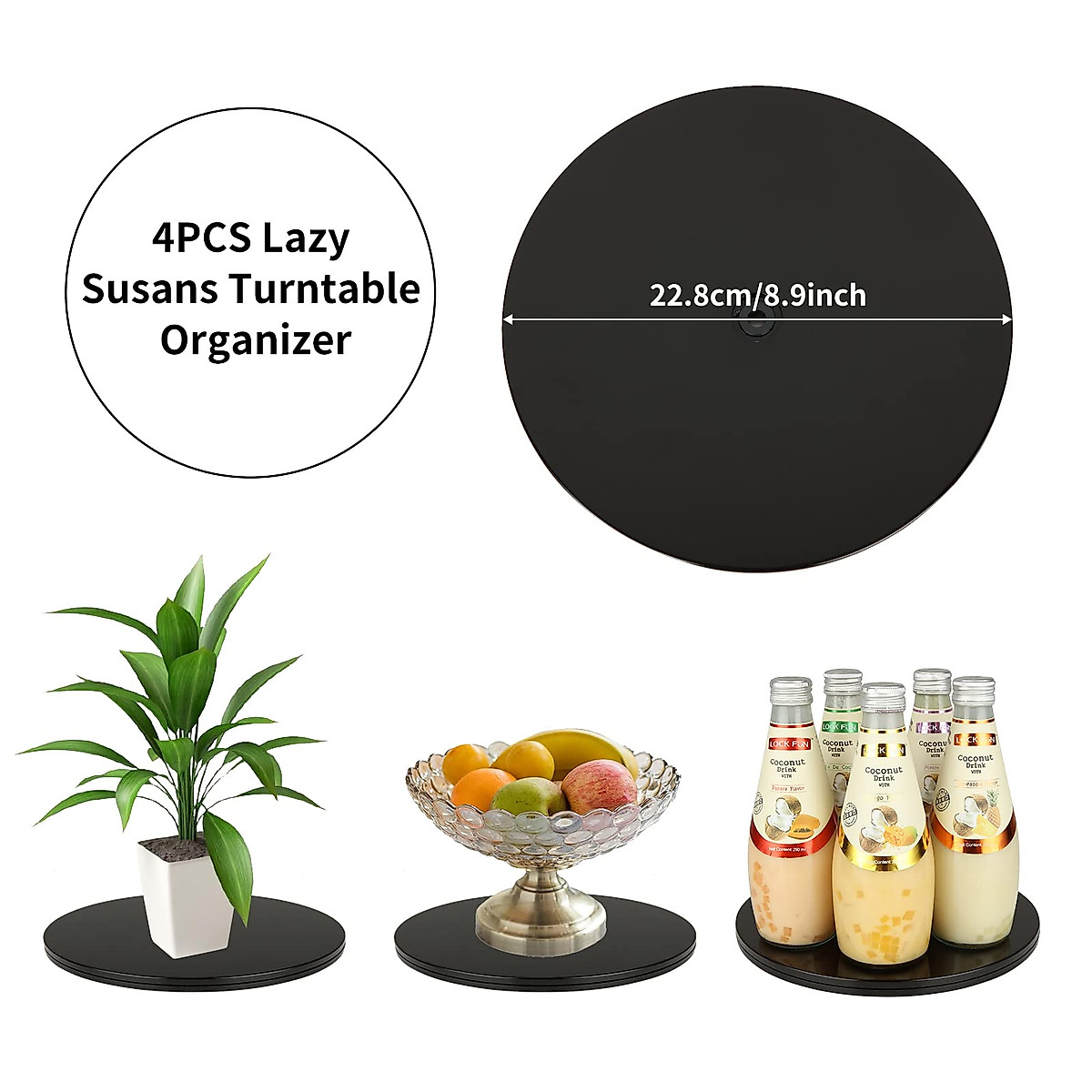 4PCS Lazy Susan Organizer 9 Inch Lazy Susan Plastic Kitchen Organization Turntable Organizer Black Lazy Susan Turntable for Cabinet, Cake,Countertop, Painting, TV, Display (50-lb Load Capacity)