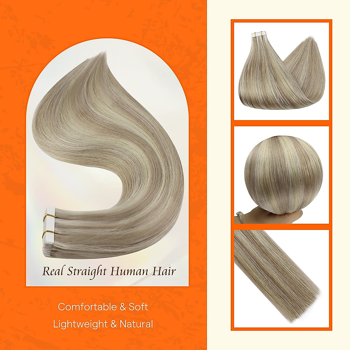 Full Shine Tape in Hair Extensions Human Hair 18 Ash Blonde Highlight 613 Blonde Double Sided Tape in Hair Extensions 12 Inch Invisible Straight Hair Extensions Tape in 30G 20Pcs Tape in Extensions
