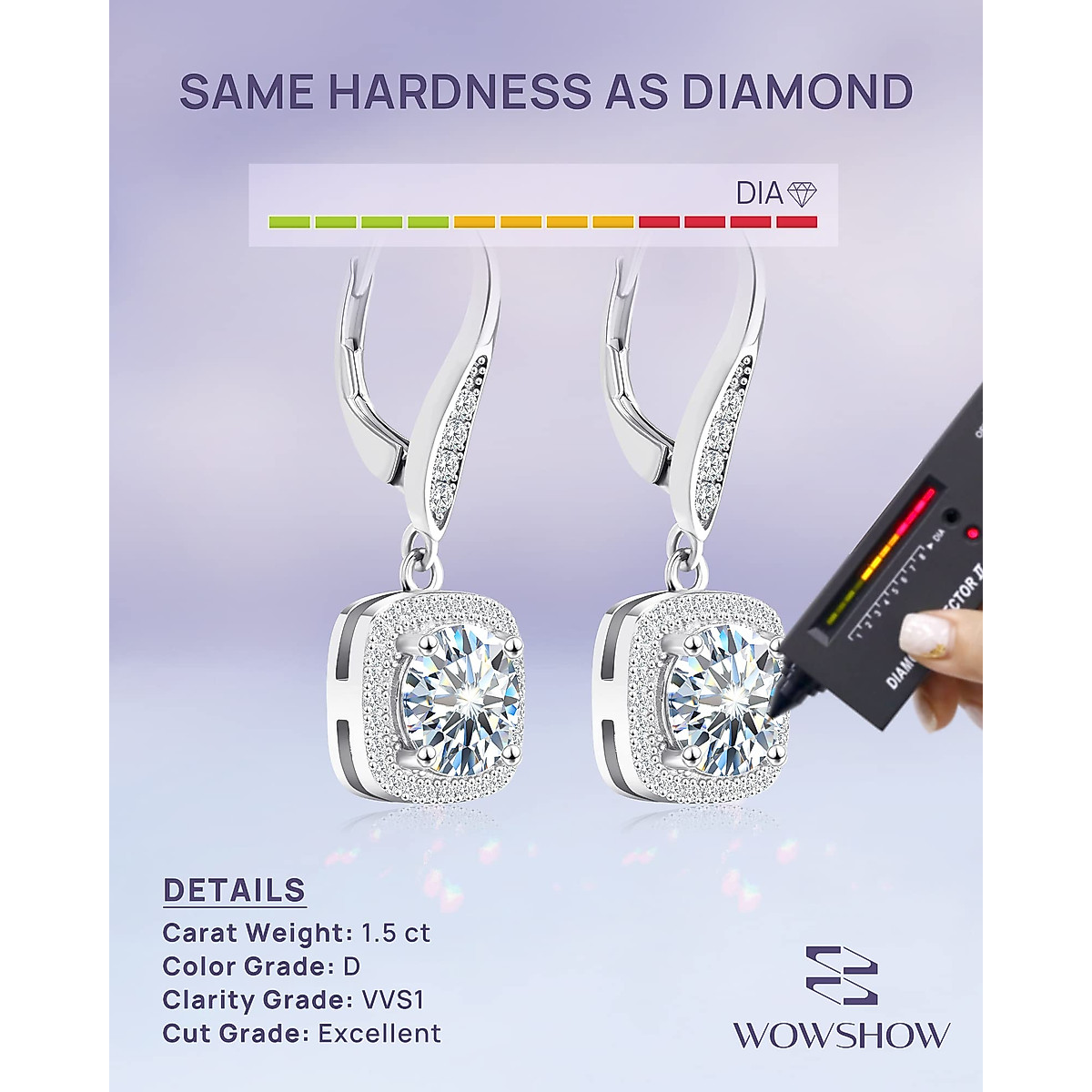 wowshow Moissanite Earrings, Leverback Earrings for Women 925 Sterling Silver 3ct Moissanite Diamond Dangle Drop Earrings Cushion Halo White Gold Plated for Women Birthday Wedding Mothers Day Gifts