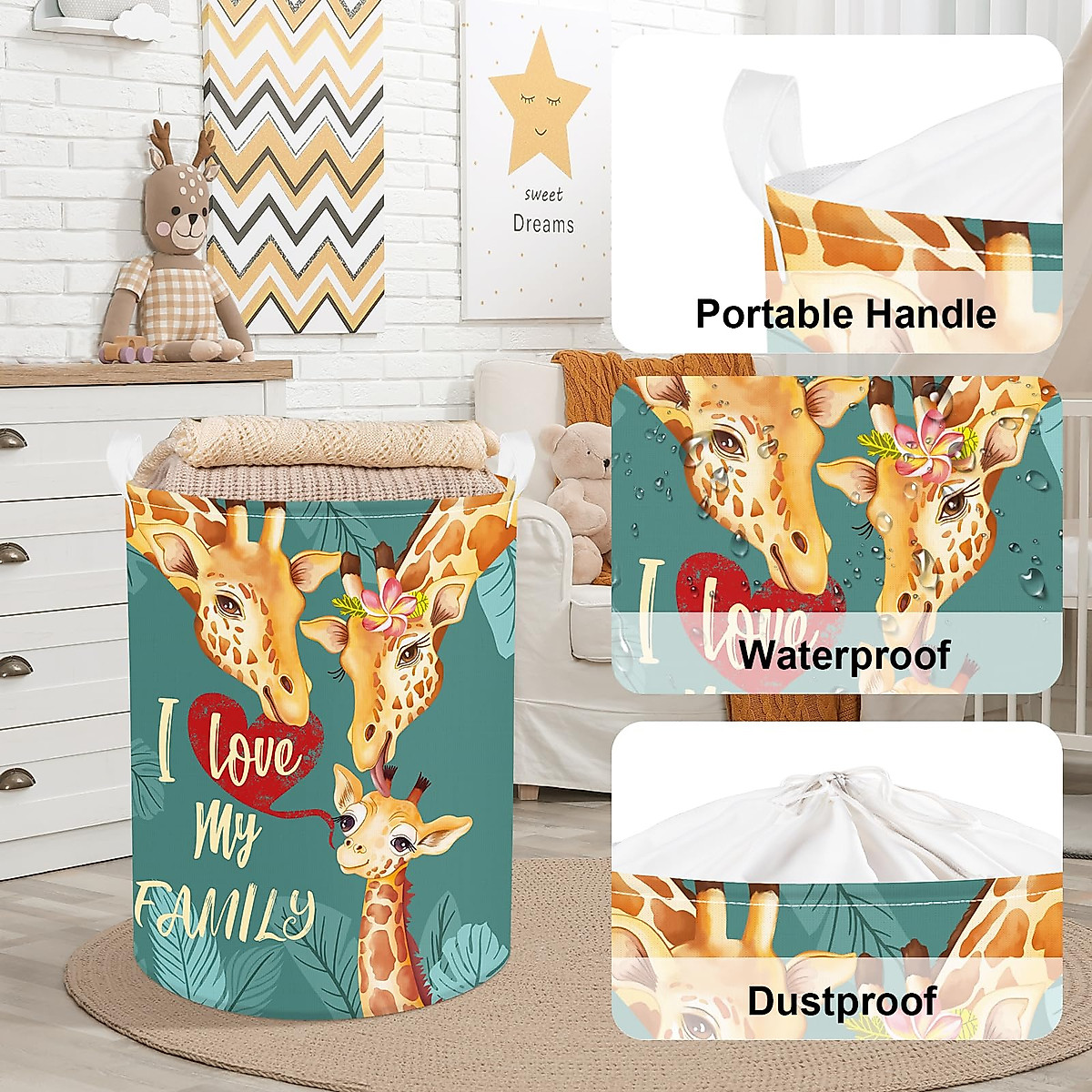Clastyle 45L Large Green Giraffe Family Kid Laundry Hamper with Handle Collapsible Animal Love Clothes Toy Storage Basket with Lid for Nursery