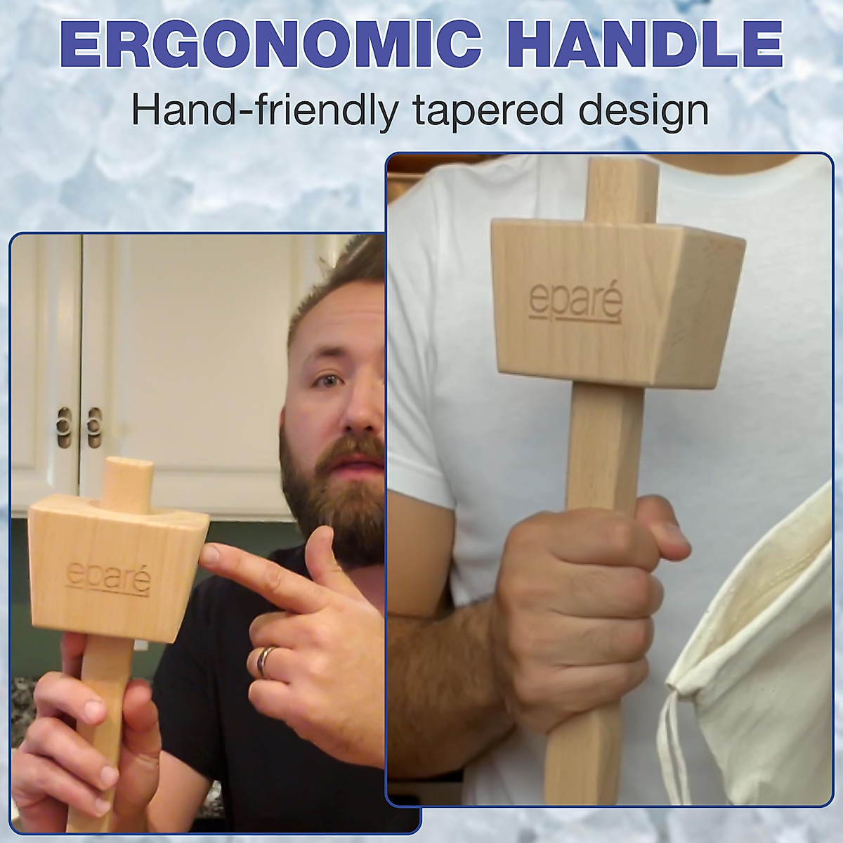 Eparé Lewis Bag & Ice Mallet - Manual Ice Crusher Wooden Hammer - Canvas Crushing Bag - Crushed Ice Bar Cocktails - Bartender & Kitchen Tools Kit