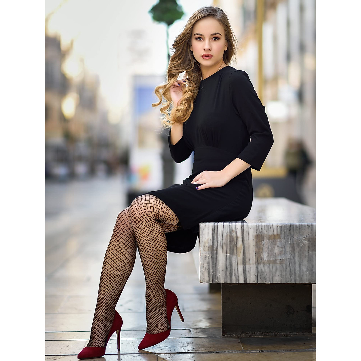 Bencailor 4 Pairs Fishnet Thigh High Stocking for Women Silicone Lace Top Sheer Over Knee Silky Stockings(Black,Large)