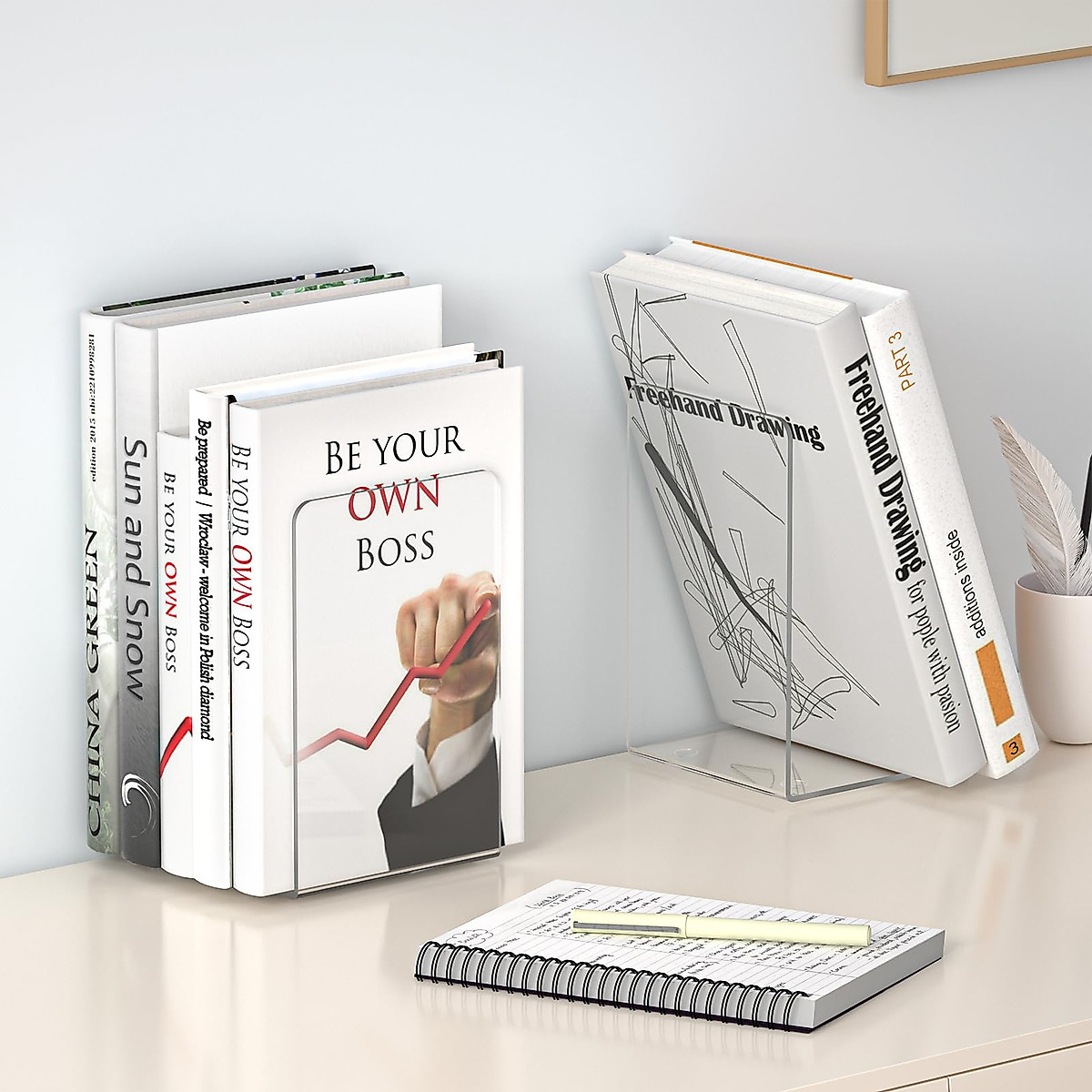 Bookend, DRLIFE Clear Acrylic Bookends for Shelves, Book End, Book Stopper for Heavy Duty Books, CDs, Video Games (1 Pair/2 Pieces)