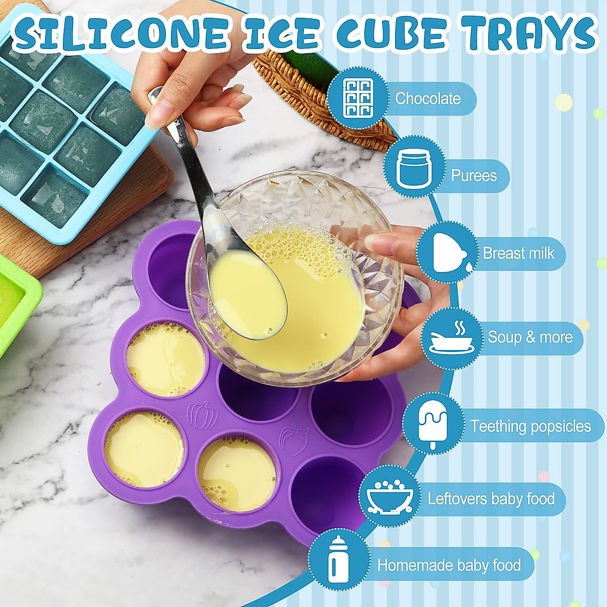 Hoolerry 4 Pcs Baby Food Storage Container Silicone Baby Food Freezer Tray with Clip on Lid, Baby Food Trays for Freezing for Freezing Baby Food Breast Milk Fruit Purees Vegetables