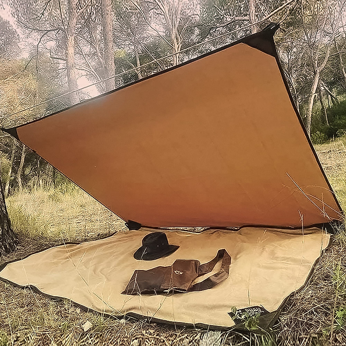 Bushcraftspain Waterproof Oilskin Tarp 8’ x 4’8’’- Brown Waxed Cotton Canvas Shelter for Survival, Bushcraft and Camping - Lightweight - Made in Spain
