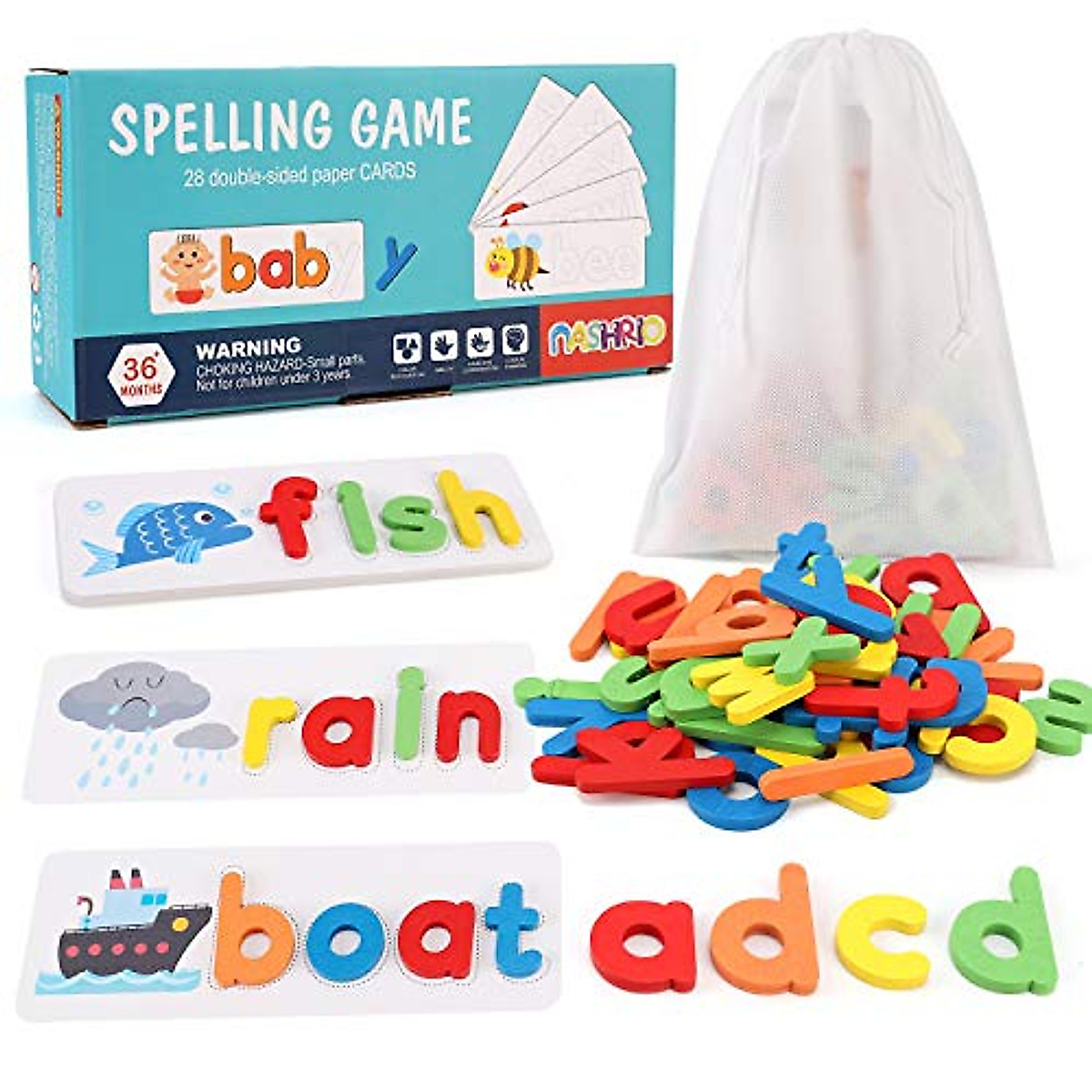 See and Spelling Learning Toy for Kids Ages 3-8, Wooden Preschool Educational Matching Letter Game Toys for Kids Boys Girls, Develops Alphabet Words Spelling Skills Letter Block (28 Cards+52 Letters)