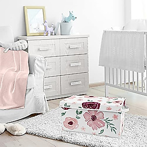 Sweet Jojo Designs Burgundy and Pink Watercolor Floral Girl Small Fabric Toy Bin Storage Box Chest For Baby Nursery Kids Room - Blush, Maroon, Wine, Rose, Green and White Shabby Chic Flower Farmhouse