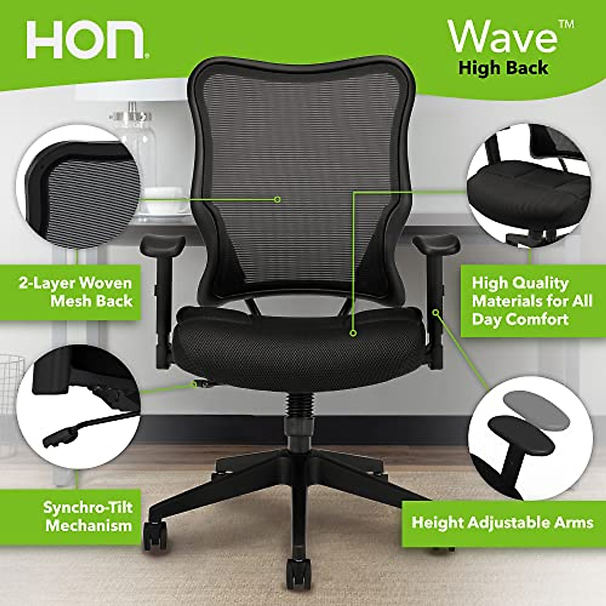 HON Wave Office Chair High Back Mesh Ergonomic Computer Desk Chair - Adjustable Arms & Pneumatic Seat Height, Synchro-Tilt Tension Lock Recline, Comfortable Cushion, 360 Swivel Rolling Wheels - Black