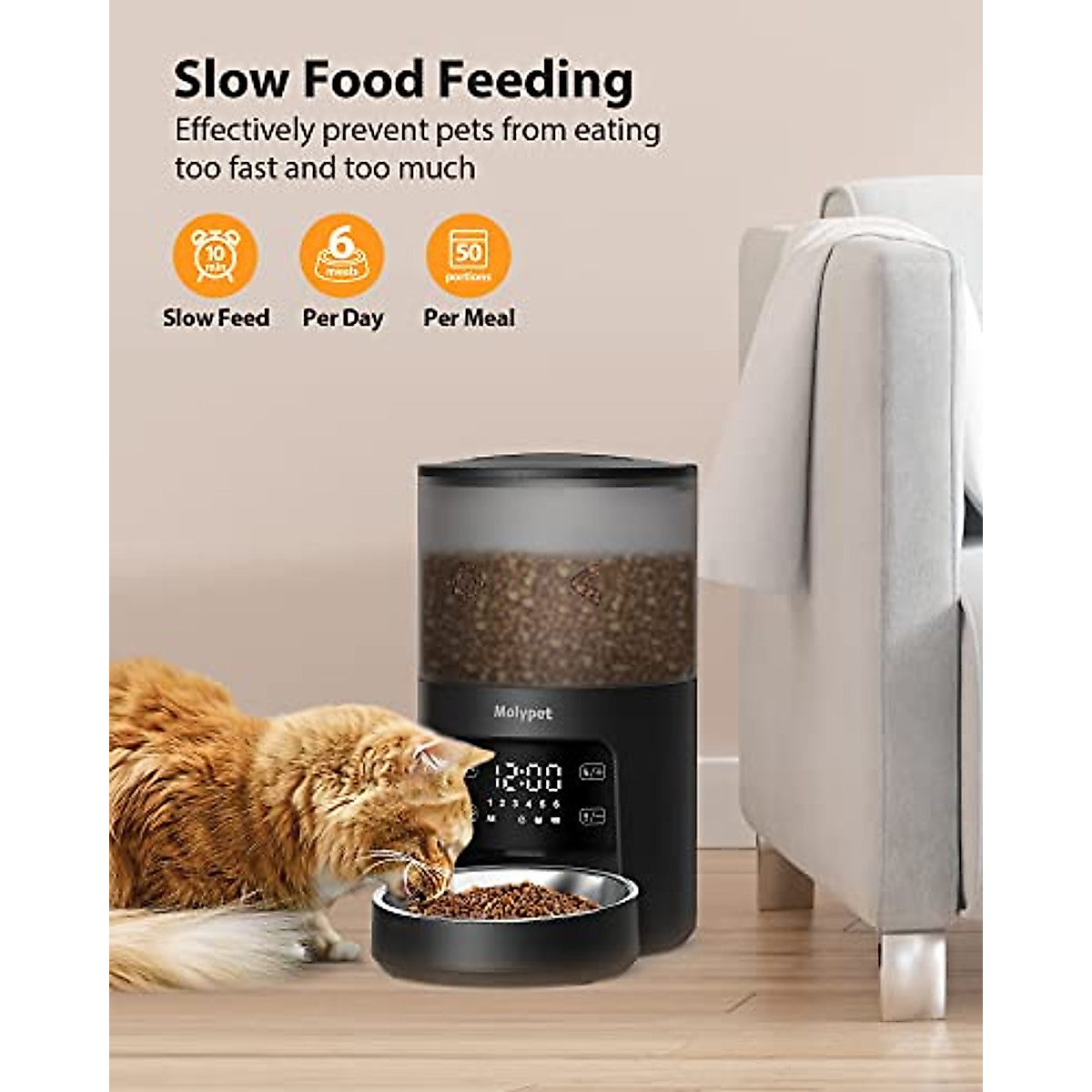 Molypet Automatic Cat Feeders with Timer - 4L Cat Food Dispenser of 6 Meals with 10S Voice Recorder and Desiccant Bag, Support Dual Power for Cats and Dogs