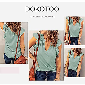 Dokotoo Womens Cute Ruffle Cap Sleeve Tank Tops 2023 Summer New Sexy Casual V Neck Solid Color Sleeveless Tee Shrits for Ladies Teen Girls Juniors (Green, Medium)