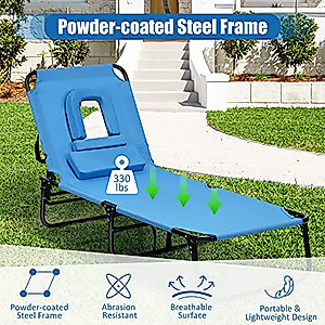 Goplus Folding Chaise Lounge Beach Chair, Face Down Tanning Chair with Face Hole Detachable Pillow, Great for Outside Pool Patio Backyard, 5-Position Adjustable (1, Blue)