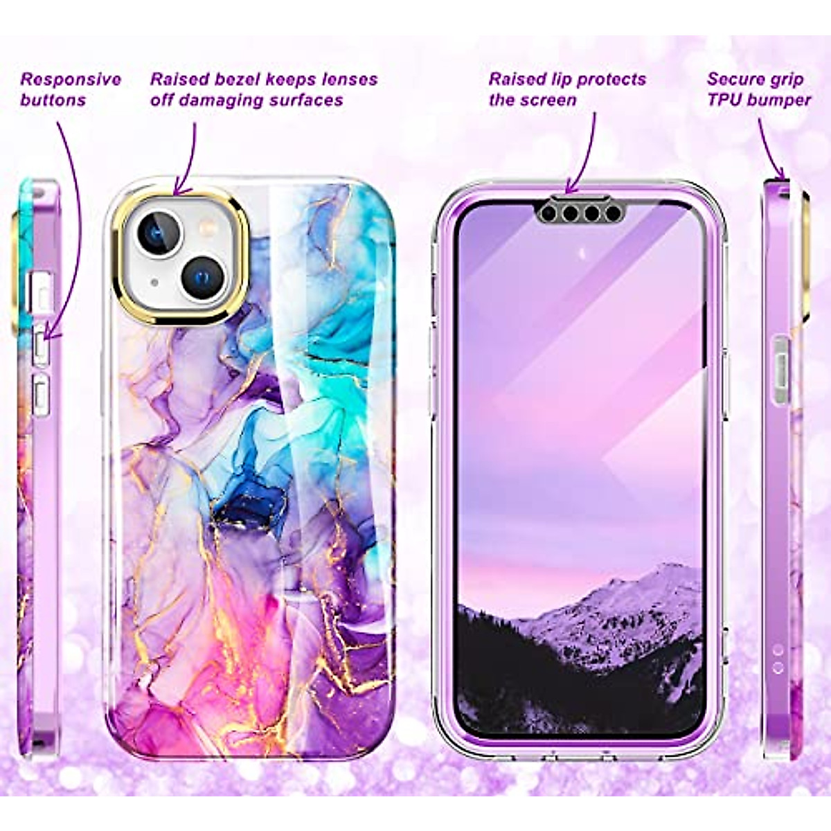 Hocase for iPhone 14 Plus Case, (with Built-in Screen Protector) Shockproof Slim Soft TPU+Hard Plastic Full Body Protective Case for iPhone 14 Plus (6.7" Display) 2022 - Watercolor Marble