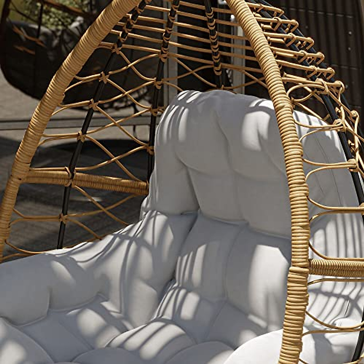 MOD Steel Furniture Willa Hanging Egg Chair with Stylish Rattan Wicker and Boho Plush Cushion-WILLAEGG-Gry, Grey/Tan