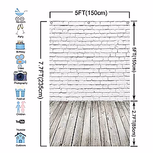 GiuMsi Polyester 5x7.7FT White Brick Wall with Wooden Floor Photography Backdrop with 3 Hooks for Baby Shower Newborn Portrait Photo Background Shoot Props