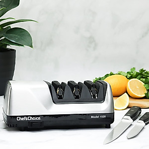 Chef'sChoice Hone Electric Knife Sharpener for 15 and 20-Degree Knives 100% Diamond Abrasive Stropping Precision Guides for Straight and Serrated Edges, 3-Stage, Gray
