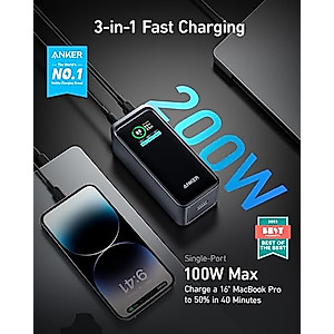 Anker Prime Power Bank, 20,000mAh Portable Charger with 200W Output, Smart Digital Display, 2 USB-C and 1 USB-A Port Compatible with iPhone 15/14/13 Series, Samsung, MacBook, Dell, and More