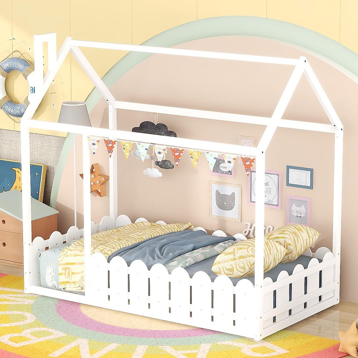 MERITLINE Twin House Bed for Kids Wood Playhouse Bed Frame with Rails & Roof, Montessori Floor Bed for Girls Boys Teens (White)