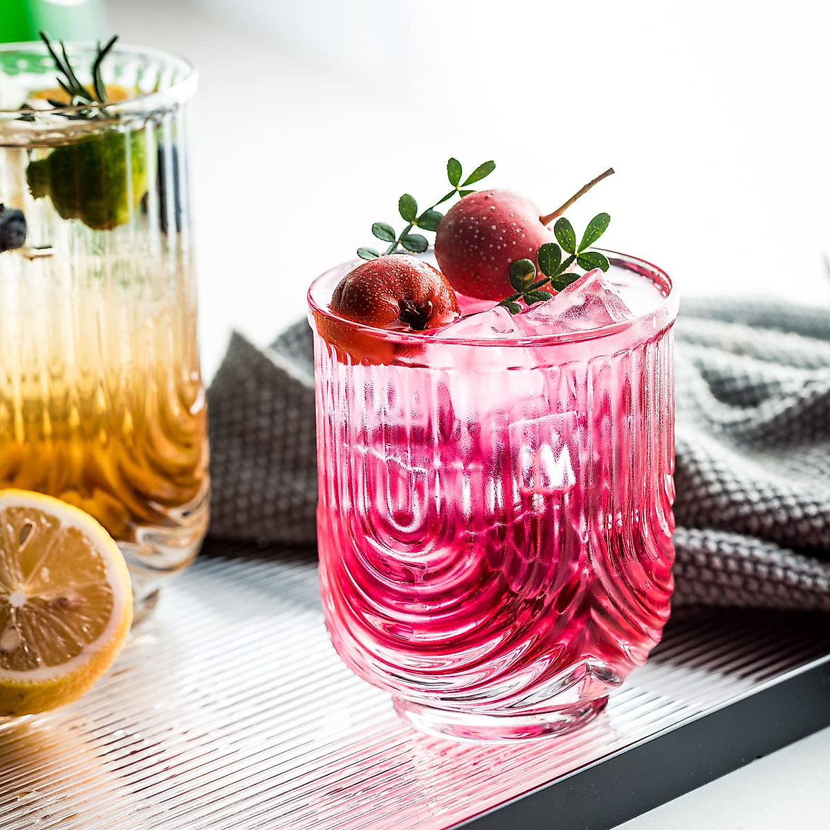 KEMORELA Drinking Glasses Art Deco Cocktail Glasses Set of 4 Glass Cups, Arch Design Glassware, Trendy Ripple Glass, Beverages Ice Coffee Cup, Ideal for Whiskey, Beer, Juice, Water (4Pcs 12Oz)