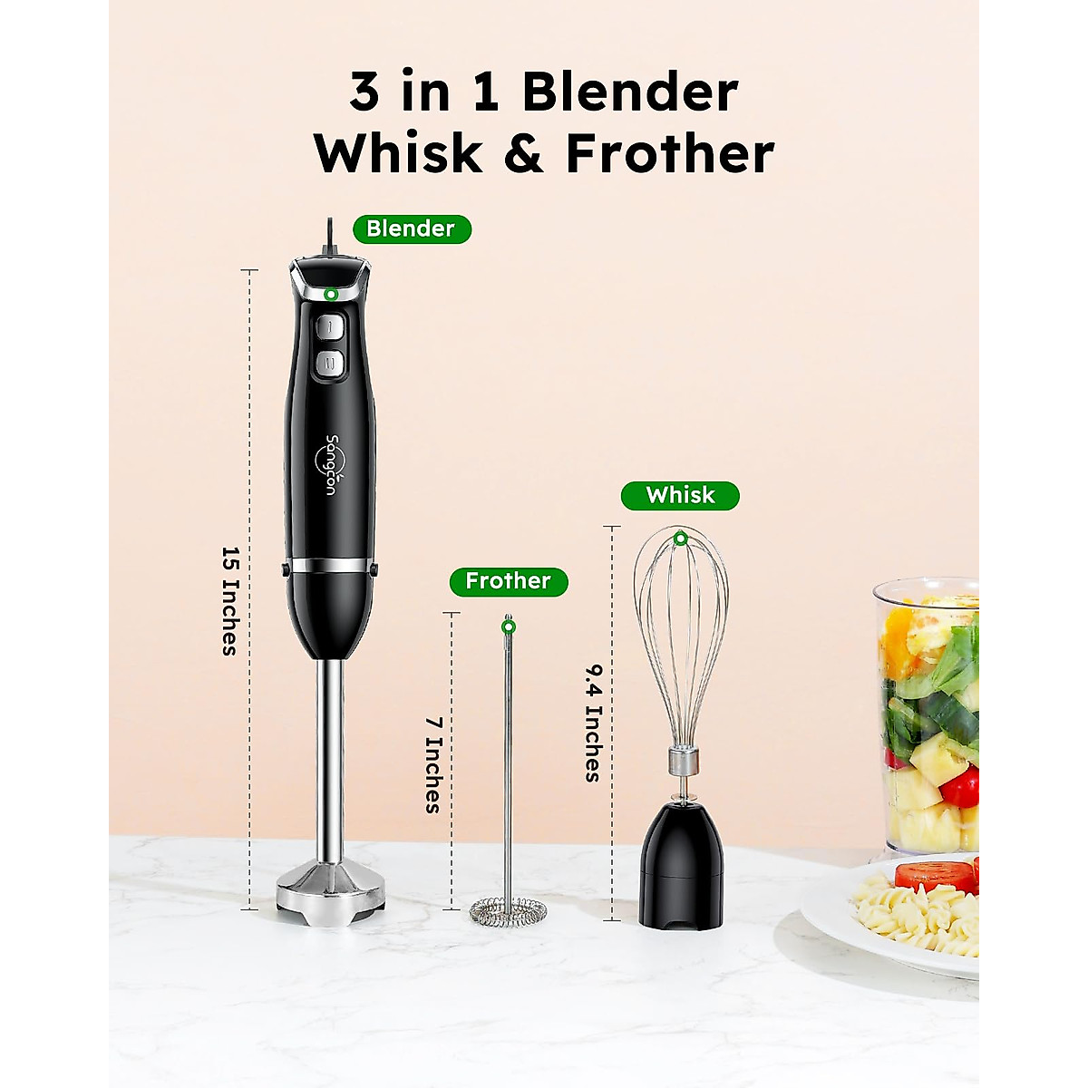 Sangcon Immersion Blender Handheld, 3-in-1 Hand Blender Electric, 400W Handheld Blender, Stainless Steel Blade Stick Blender with Whisk, Milk Frother Attachments - Black