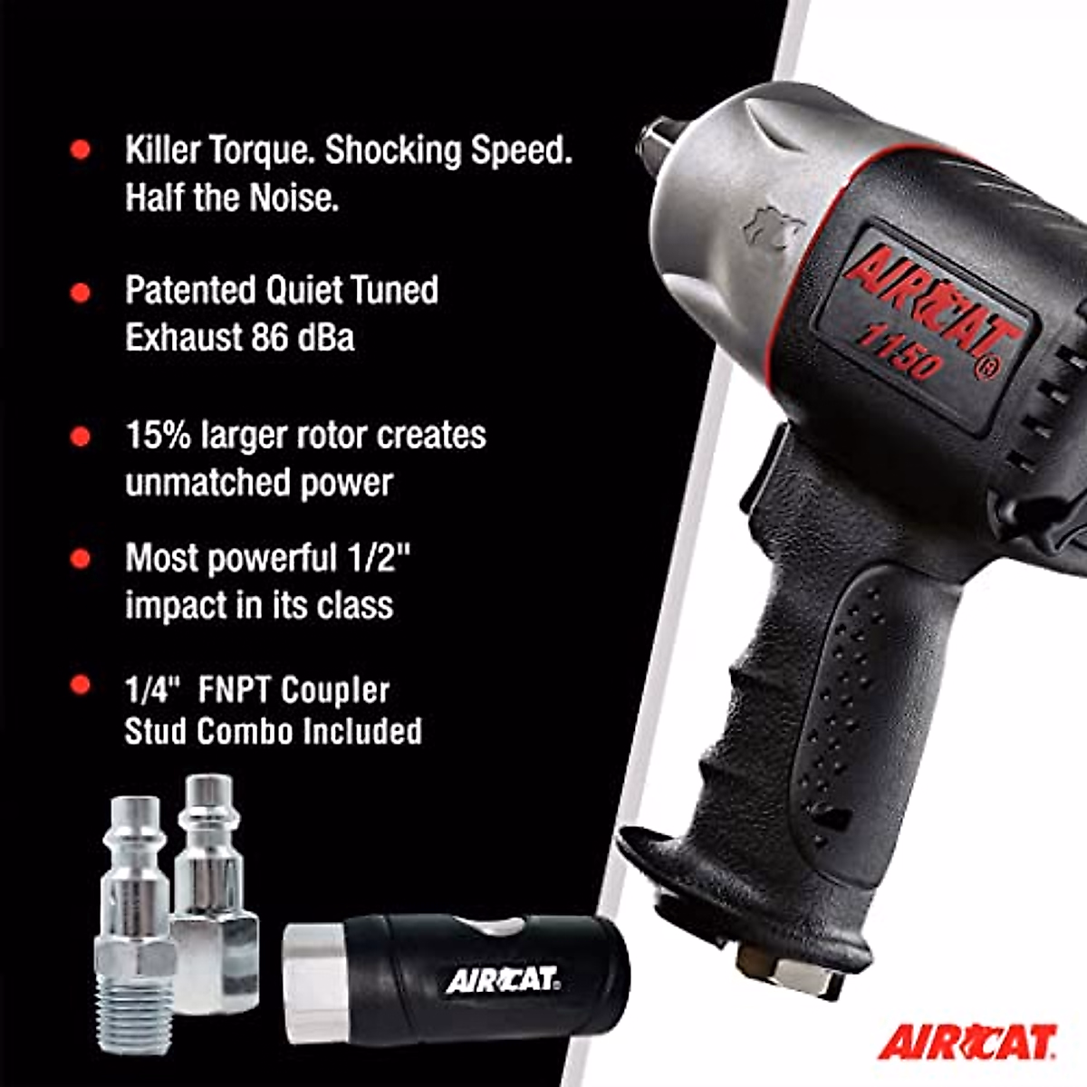 AIRCAT Pneumatic Tools 1150 1/2-Inch Drive Killer Torque Composite Impact Wrench 1295 ft-lbs, with coupler set