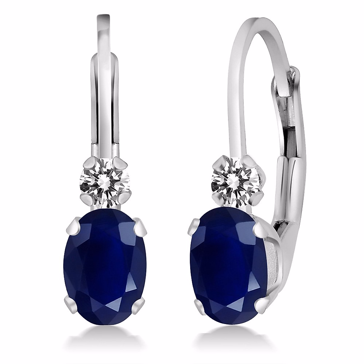 Gem Stone King 14K White Gold Blue Sapphire and White Diamond Leverback Earrings For Women | 1.17 Cttw | Gemstone September Birthstone | Oval 6X4MM, Round 2MM | 3/4 Inch