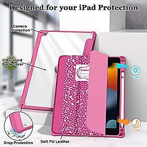 OKP for iPad 9th/8th/7th Generation Case (2021/2020/2019), iPad 10.2 inch Cases with Trifold Stand, Slim ipad 9/8/7 Cover with Pencil Holder for Kids Women Men, Clear Back Shell, Composition Book Pink