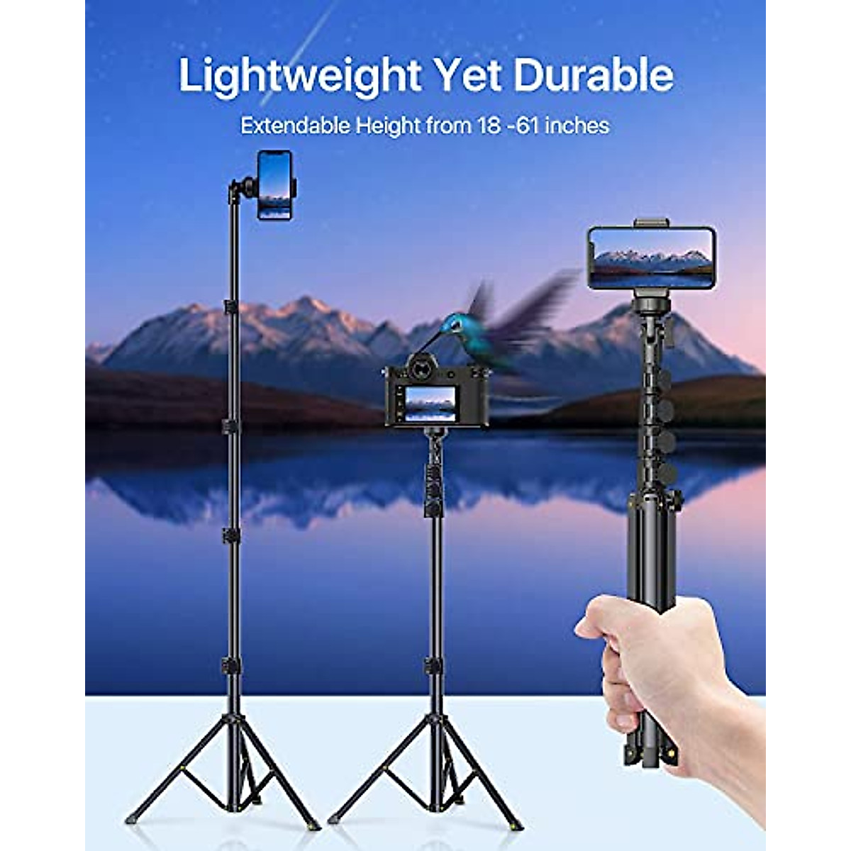 andobil 62'' iPhone Tripod Stand with Remote, Tripod for Samsung Galaxy S23 Ultra, Extendable Cell Phone Stand Lightweight Tripod Fit for iPhone 14 Pro Max, Samsung S22 S21, Android/Camera/GoPro