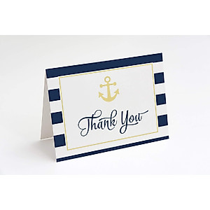 Nautical Thank You Cards Bridal Shower Wedding Anchored In Love Navy Blue Yellow Stripes Sea Sailing Sailor Thanks Stationary (24 count)