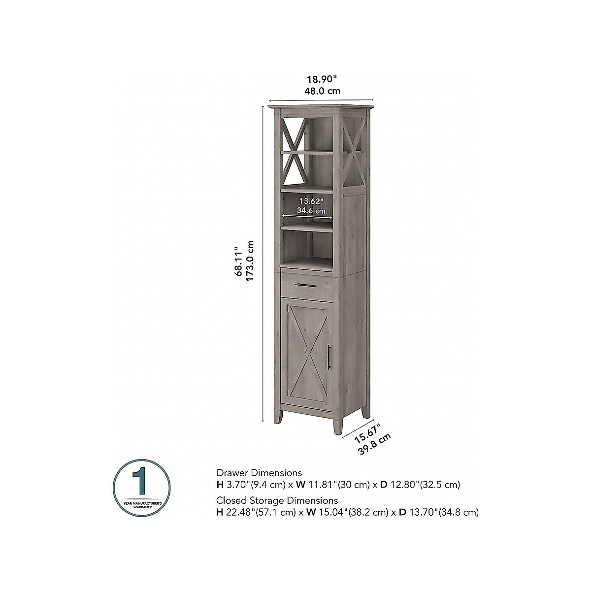Bush Furniture Key West Bathroom Tall Narrow Bookcase Cabinet, Driftwood Gray