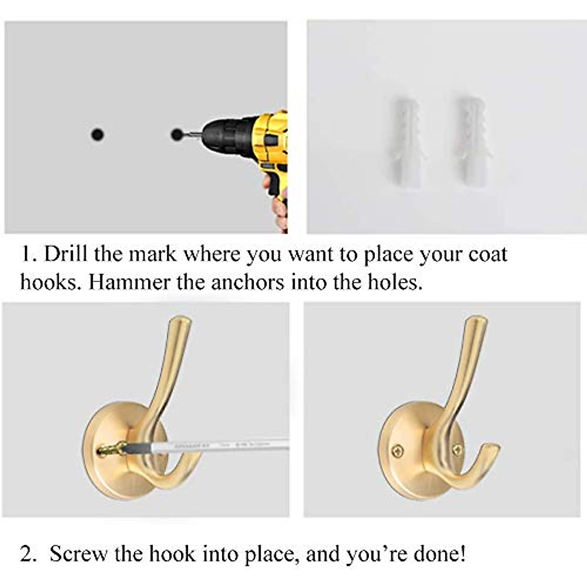 ZUONAI Gold Hooks 2 Pack Heavy Duty Brass Wall Gold Coat Hook Decorative Metal Hooks for Hanging Coats and Hat Hooks Towel Hooks for Bathrooms Clothing Hooks for Bedroom Key Hanger Double Hooks